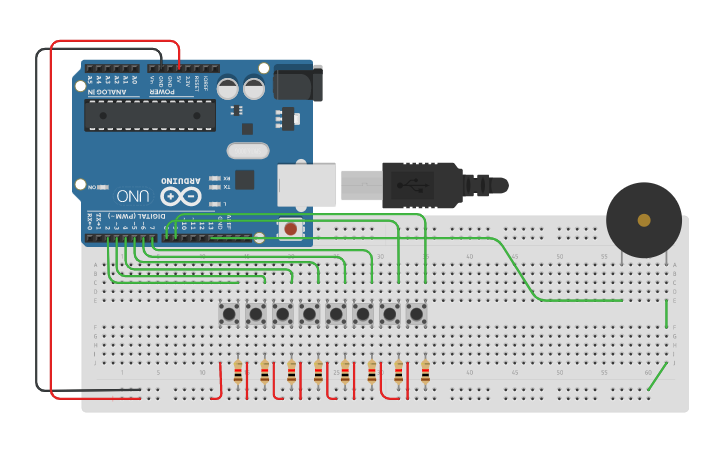 Circuit design piano con arduino uno - Tinkercad