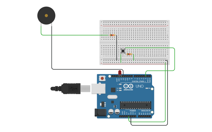 Circuit design LED, Alarm and Switch | Tinkercad