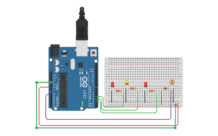 Circuit design Prof Licari Arduino fotoresistenza tre led | Tinkercad