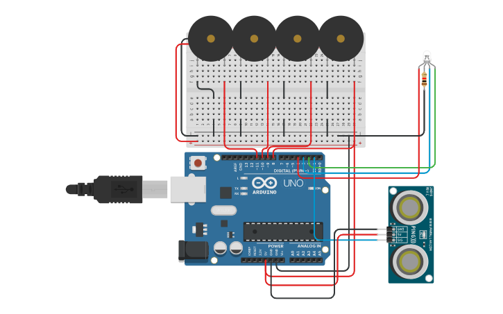 Circuit design ULTRASONIC-PIEZO-RGB LED | Tinkercad