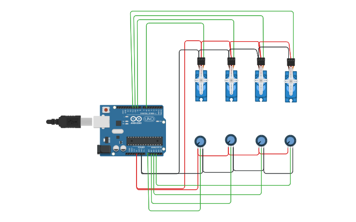 Circuit Design Desafio 5 Controle 4 Servomotores Tinkercad