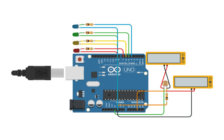 Circuit design Bagian 3 : Menggunakan Sensor Cahaya + 4 LED | Tinkercad