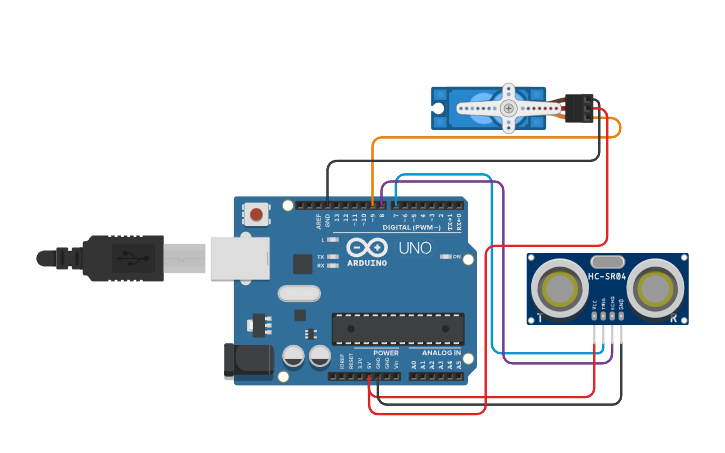 Circuit Design Servo Motor With Ultrasonic Distance Sensor Tinkercad