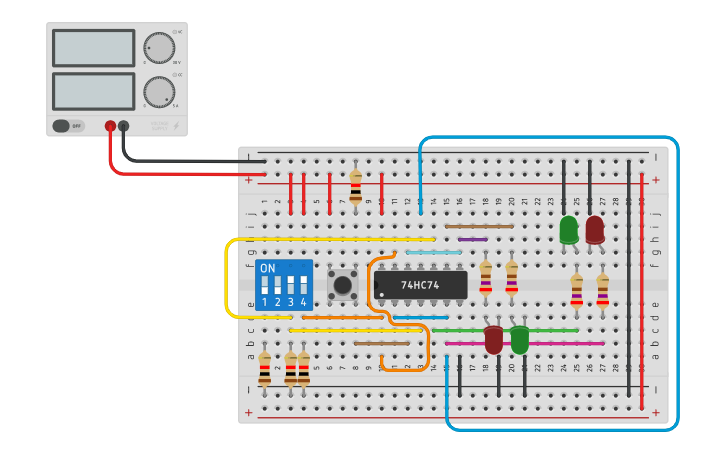 Circuit design 2 bit Counter w/ 7474 - Flip Flop D | Tinkercad