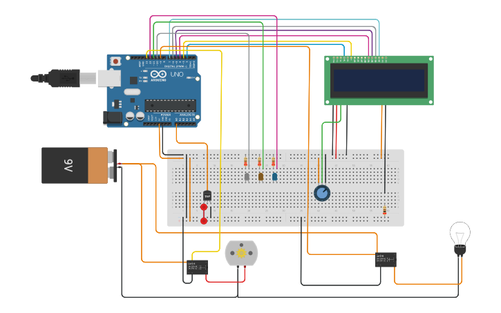 Circuit design Temperature sensor with fan and heater and relay, LCD 16x2 - Tinkercad