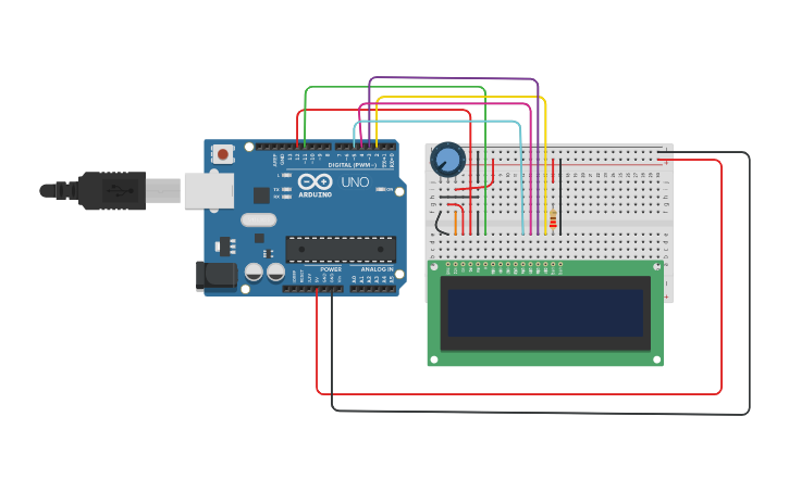 Circuit design Percobaan 1 LCD 16X2 - Tinkercad