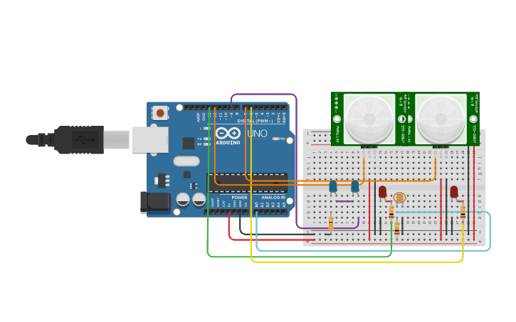 Circuit design Sensores pir + leds en serie | Tinkercad