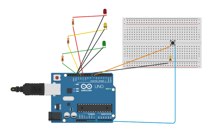 Circuit design Semaforo con pulsador-Pull down - Tinkercad