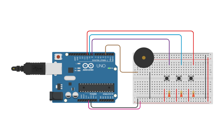 Circuit design Buzzer con Pulsadores | Tinkercad
