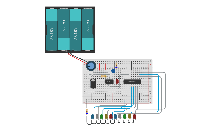 Circuit design 4017 ic and 55 timer ic - Tinkercad