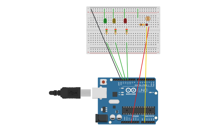 Circuit design Simulação com sensor LDR - Tinkercad