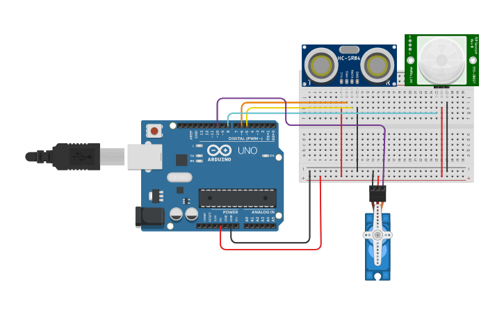 Circuit design Ultrasonic,IR Sensor and Servo Motor - Tinkercad
