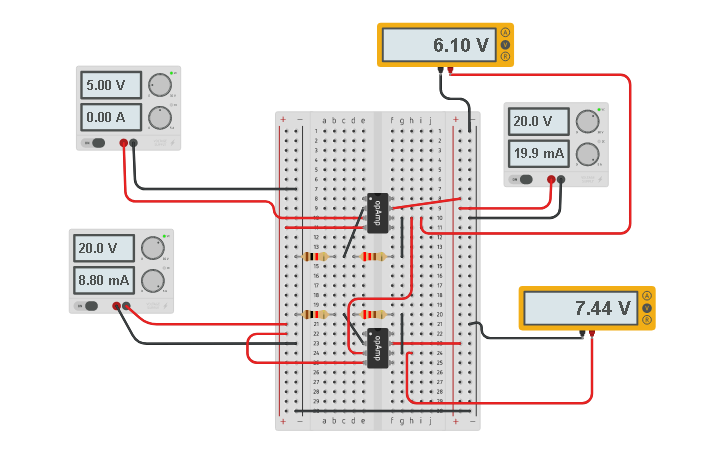 Circuit design ci 741 como amplificador no inversor en 2 etapas | Tinkercad