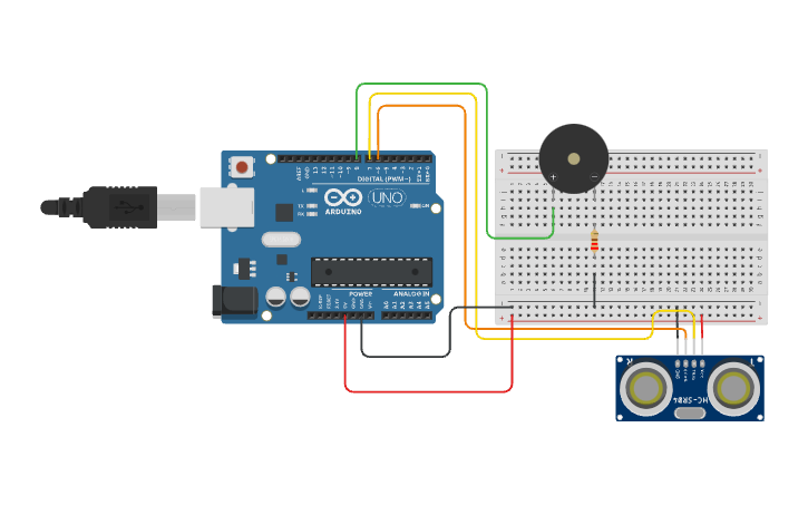 Circuit design Ultrasonic Sensor with Buzzer - Tinkercad
