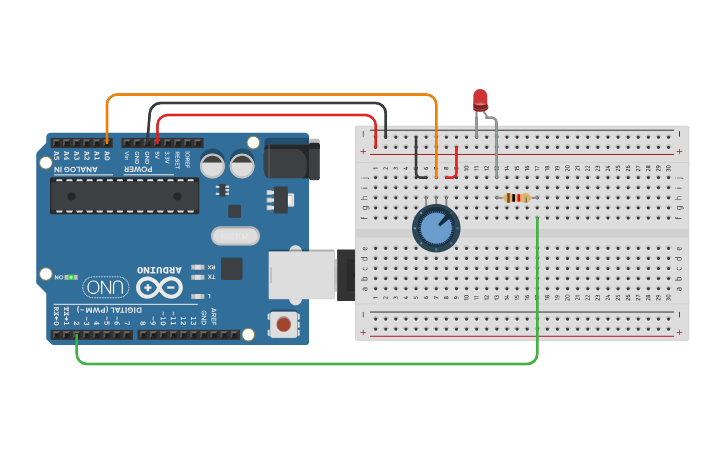 Circuit design Potentiometer w/LED and Resistor - Tinkercad