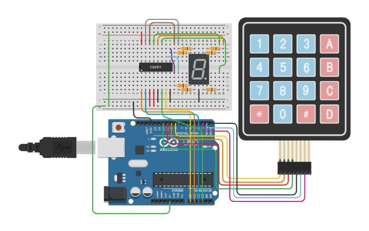 Circuit design Keypad e 7-seg - Tinkercad