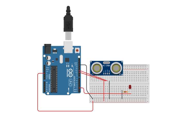 Circuit design Diodo con sensor ultrasónico de distancia. - Tinkercad