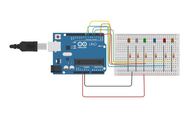 Circuit design Arduino 6 leds | Tinkercad