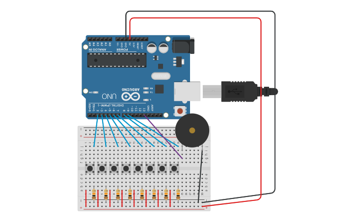 Circuit design practica 10 generar tonos con buzzer PIANO | Tinkercad