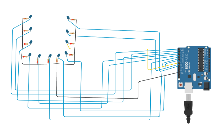 Circuit design 11 LEDS USANDO CODIGO BINARIO - Tinkercad