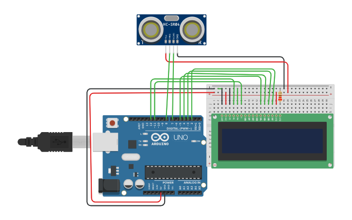 Circuit design Arduino-Ultrasonic-LCD - Tinkercad