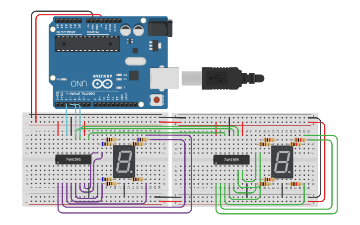 Circuit design Serial connection of seven-segment displays2 - Tinkercad