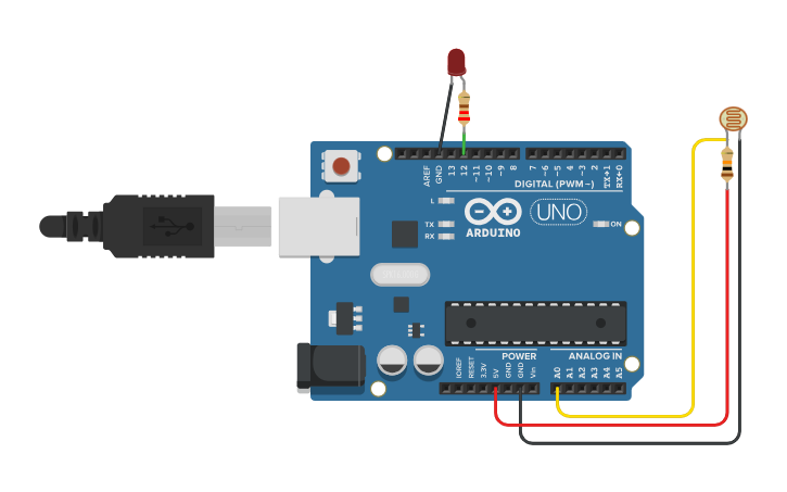 Circuit design Arduino: LDR. Automatic lighting - Tinkercad