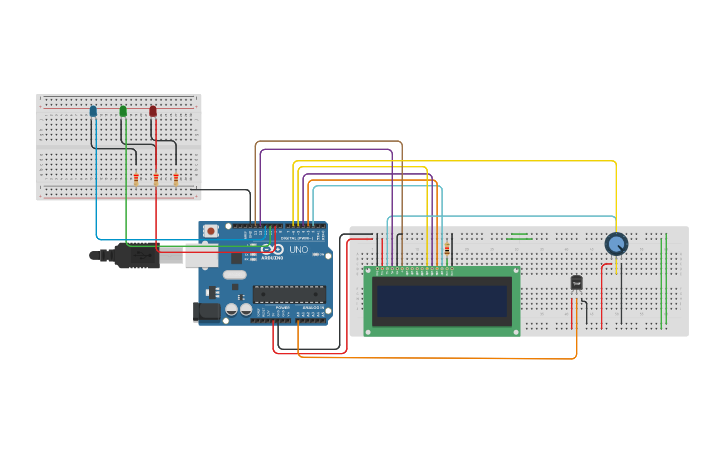 Circuit design CIRCUITO DE TEMPERATURA ARDUINO+LCD+LED | Tinkercad