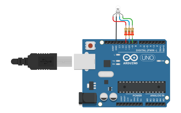 Circuit design Modulation de la couleur d'une LED RVB - Tinkercad