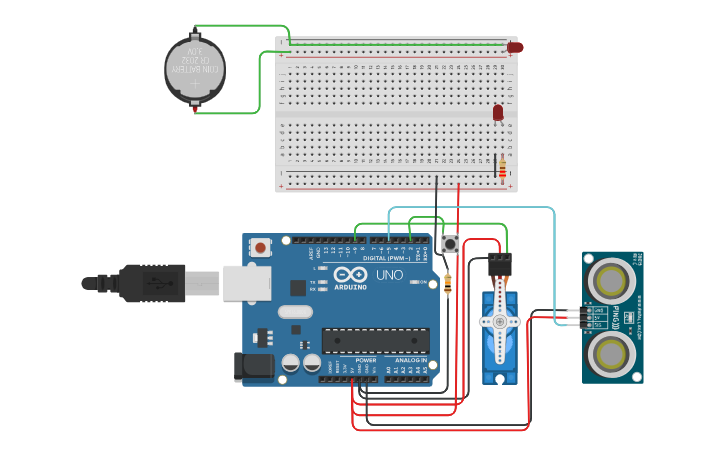 Circuit design Arduino servo pulsador ultrasonido - Tinkercad