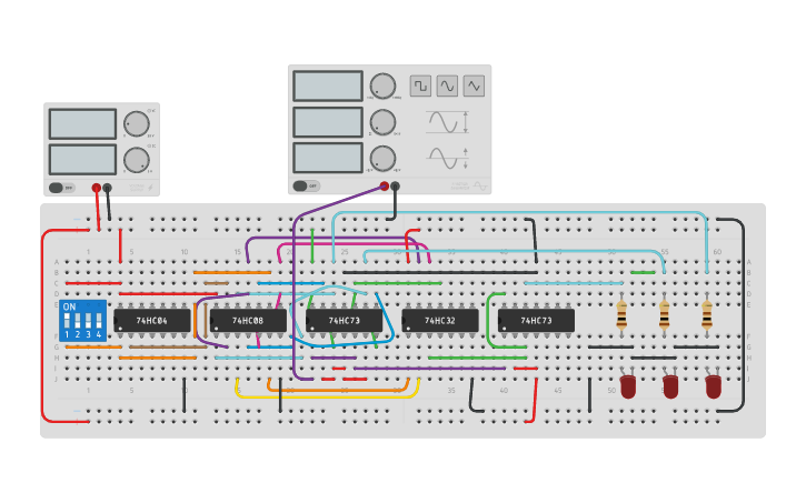 Circuit design 3-bit Counter with Control Switch - Tinkercad