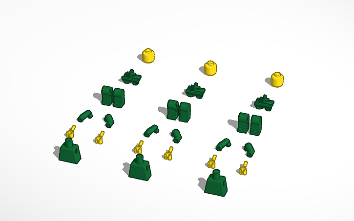 3D design 3 lego minifigures colored same colors - Tinkercad