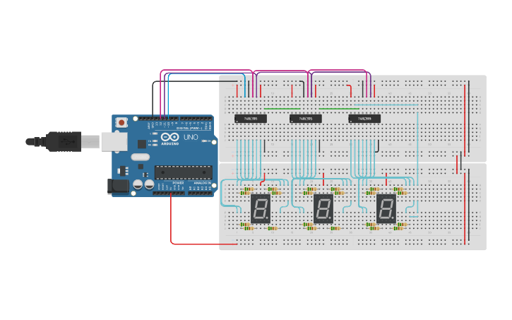 Circuit design 三位數counter-使用三顆74HC595 for 二電乙 | Tinkercad