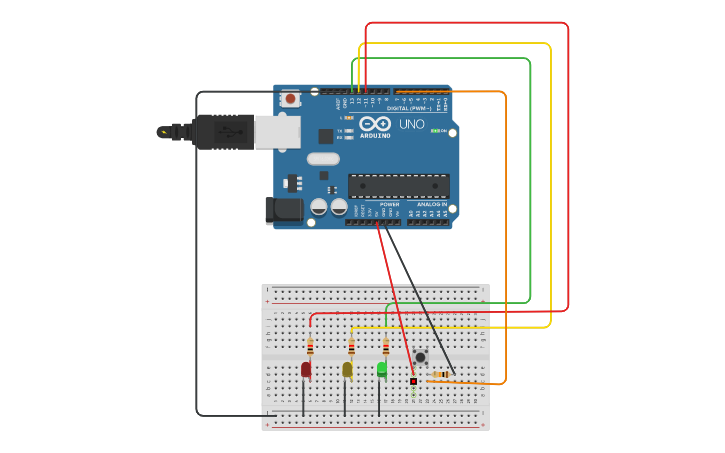Circuit design semaforo con pulsante - Tinkercad