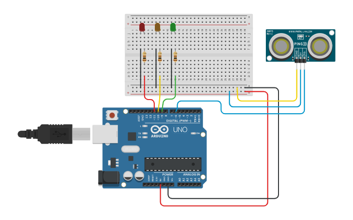 Circuit design Lampu Indikator dengan Sensor Jarak - Tinkercad