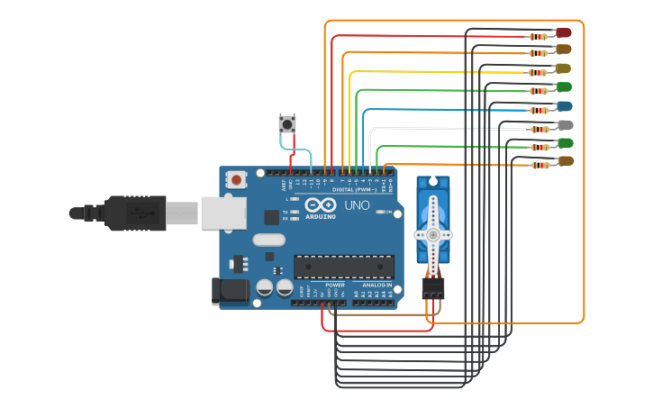 Circuit design Servo + led + pulsador - Tinkercad Circuit design Servo + led + pulsador - Tinkercad