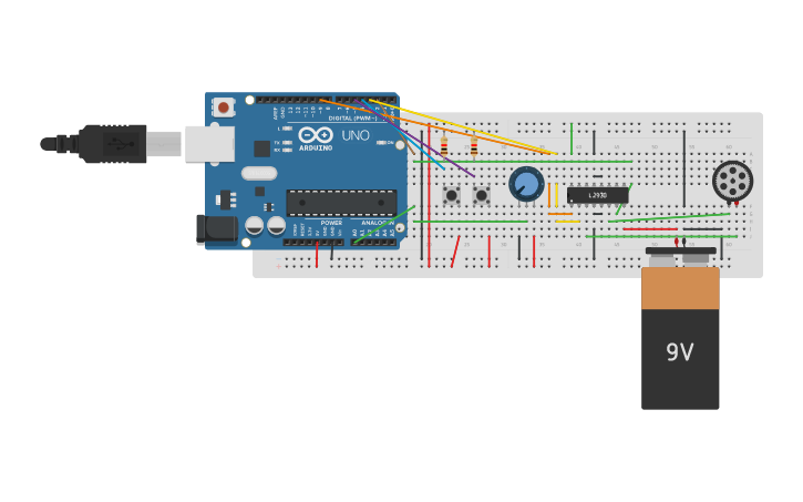 Circuit design motore dc start stop e velocita' regolabile | Tinkercad