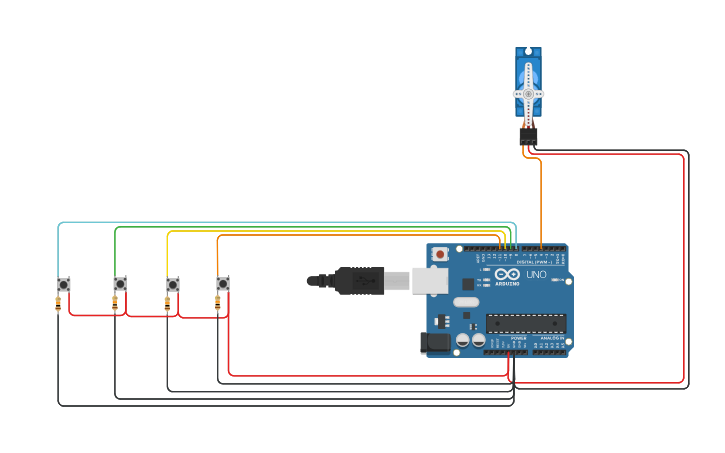 Circuit design button input control servo motor - Tinkercad