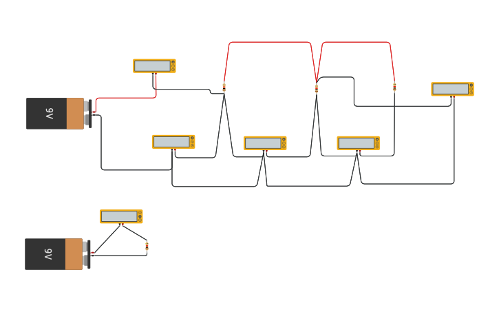 Circuit design 8- Voltaje amperímetro resistencias en paralelo | Tinkercad