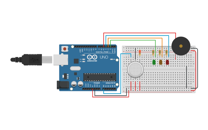 Circuit design Gas Sensor with Piezo - Tinkercad