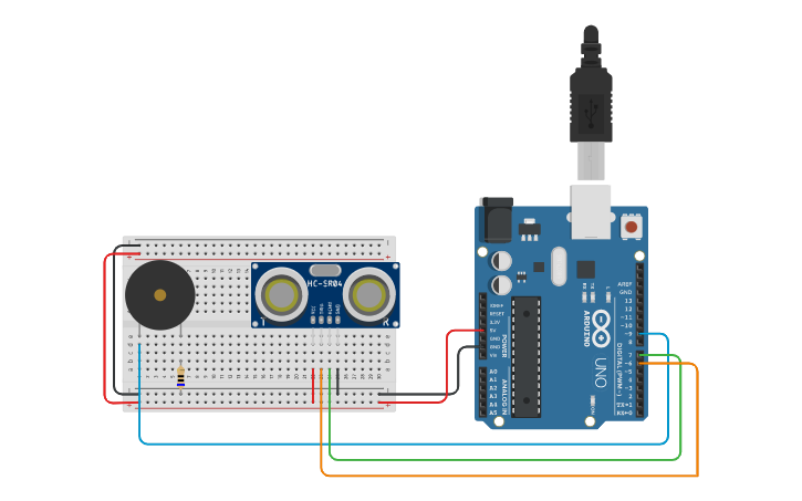 Circuit design Alarma con sensor ultrasonico - Tinkercad