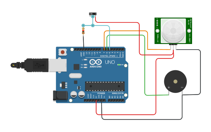 Circuit design ALARM ANTI MALING DENGAN SENSOR PIR - Tinkercad