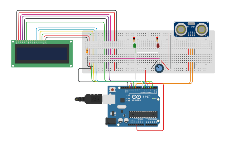Circuit design INTEGRAÇÃO DISPLAY LCD E SENSOR ULTRASSÔNICO - Tinkercad