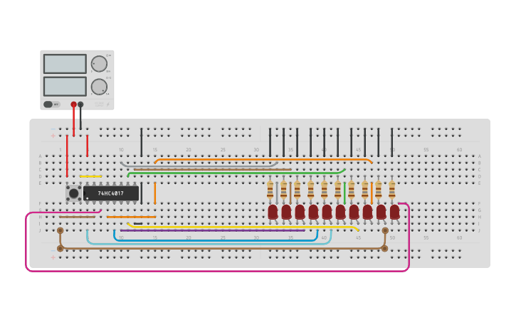 Circuit design 74HC4017 Devresi -- Devam. OK. | Tinkercad