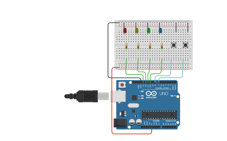 Circuit design turn on LED sequentially using pushbutton - Tinkercad