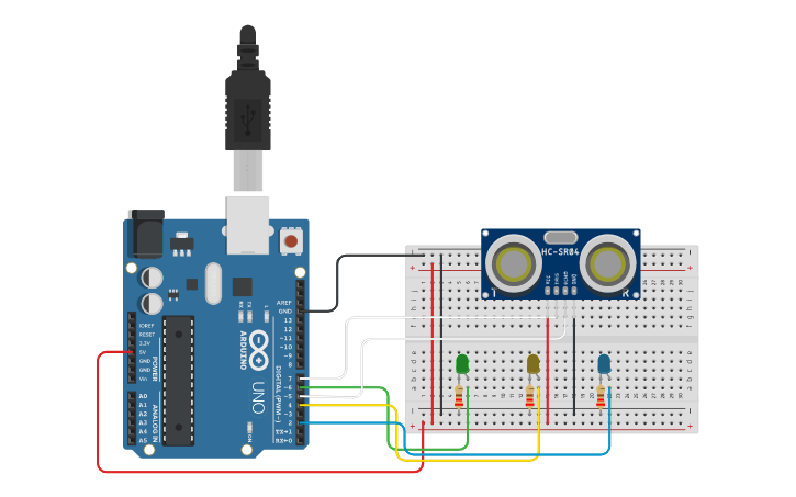 Circuit design LED con sensor ultrasónico - Tinkercad