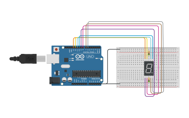 Circuit design Arduino y Visualizador de 7 Segmentos - Tinkercad