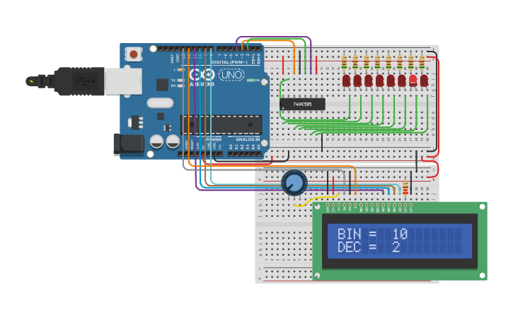 Circuit design Arduino shift register LCD - Tinkercad