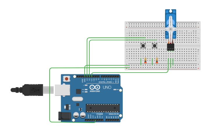 Circuit design prender servomotor con boton - Tinkercad