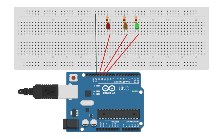 Circuit design semaforo con 3 LEDs - Tinkercad